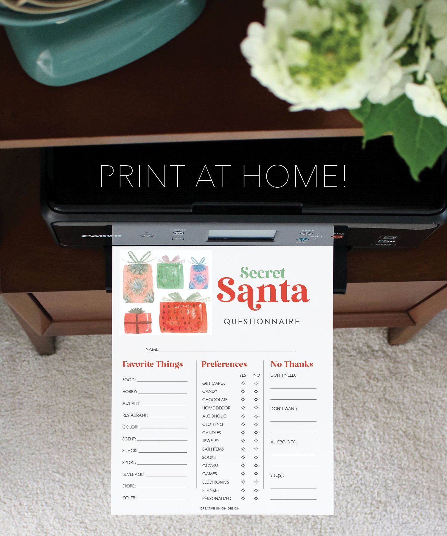 Printable Retro Secret Santa Gift Exchange Questionnaire, Christmas ...