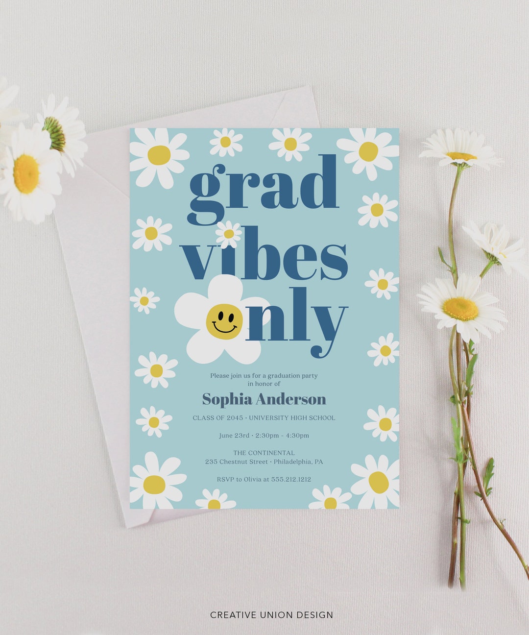Grad Vibes Only, Daisy Graduation Party Invite Template, Graduation ...