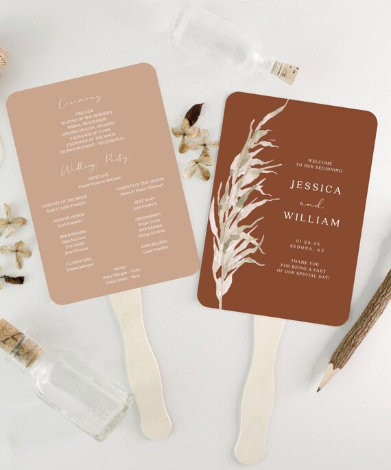 Bohemian Terracotta Wedding Program Fan, Printable Program Fan Template ...