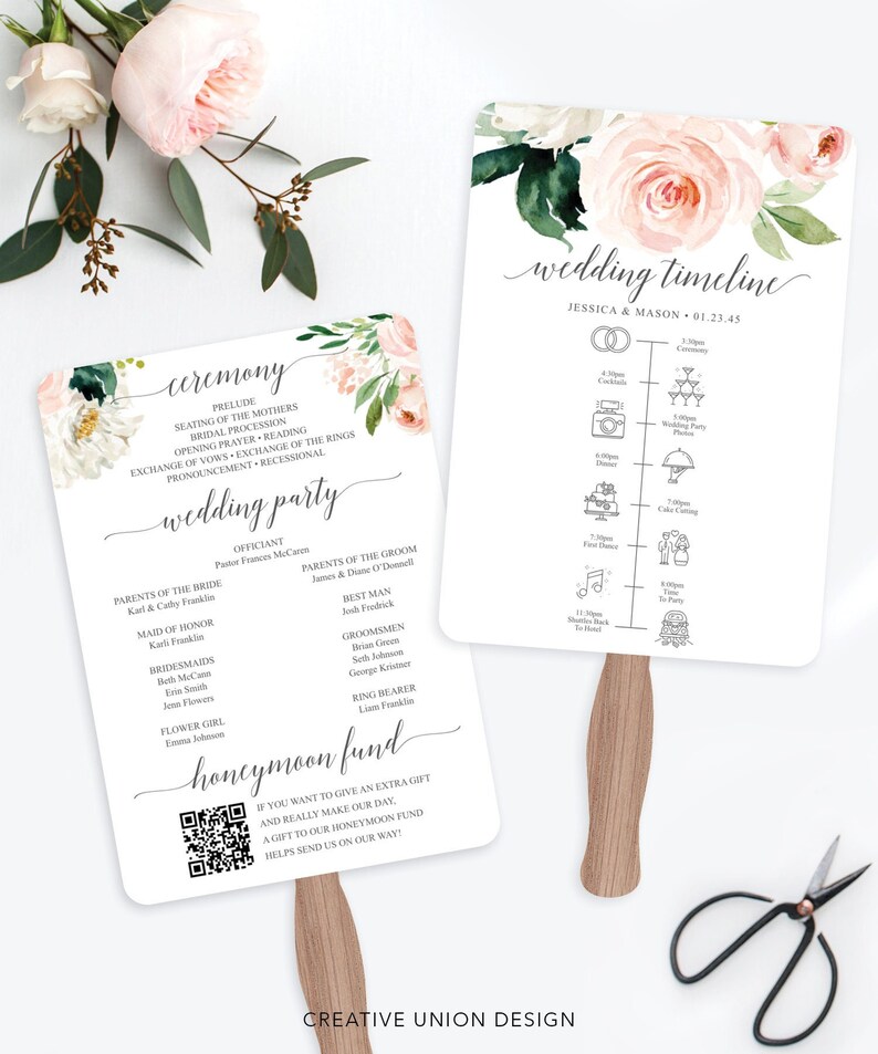 Floral Timeline Wedding Program Fan Template, Printable Wedding Fan ...