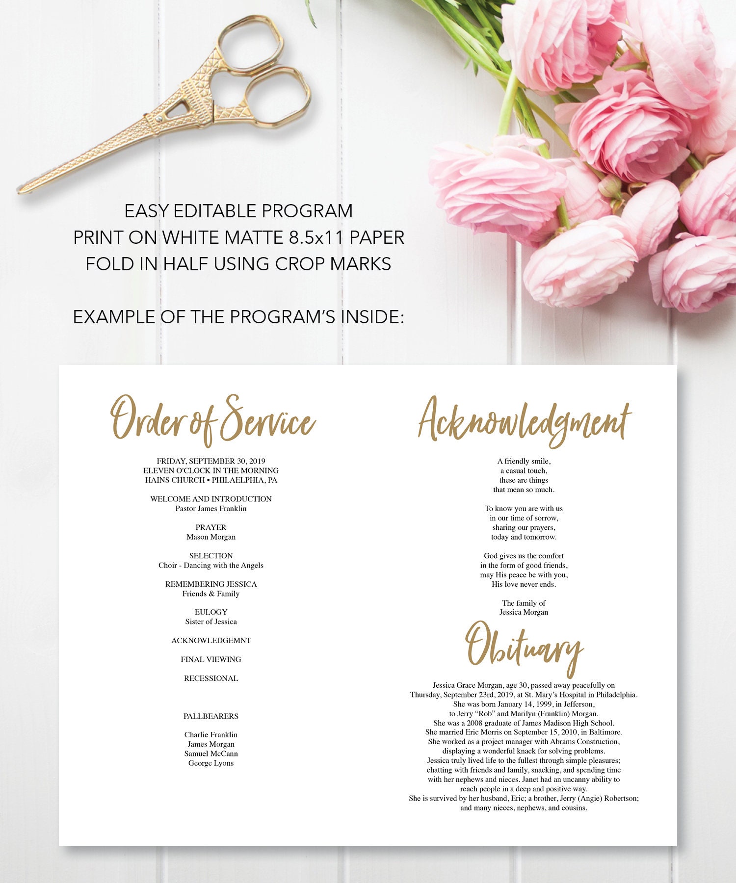 Funeral Program Template Printable Celebration of Life | Etsy