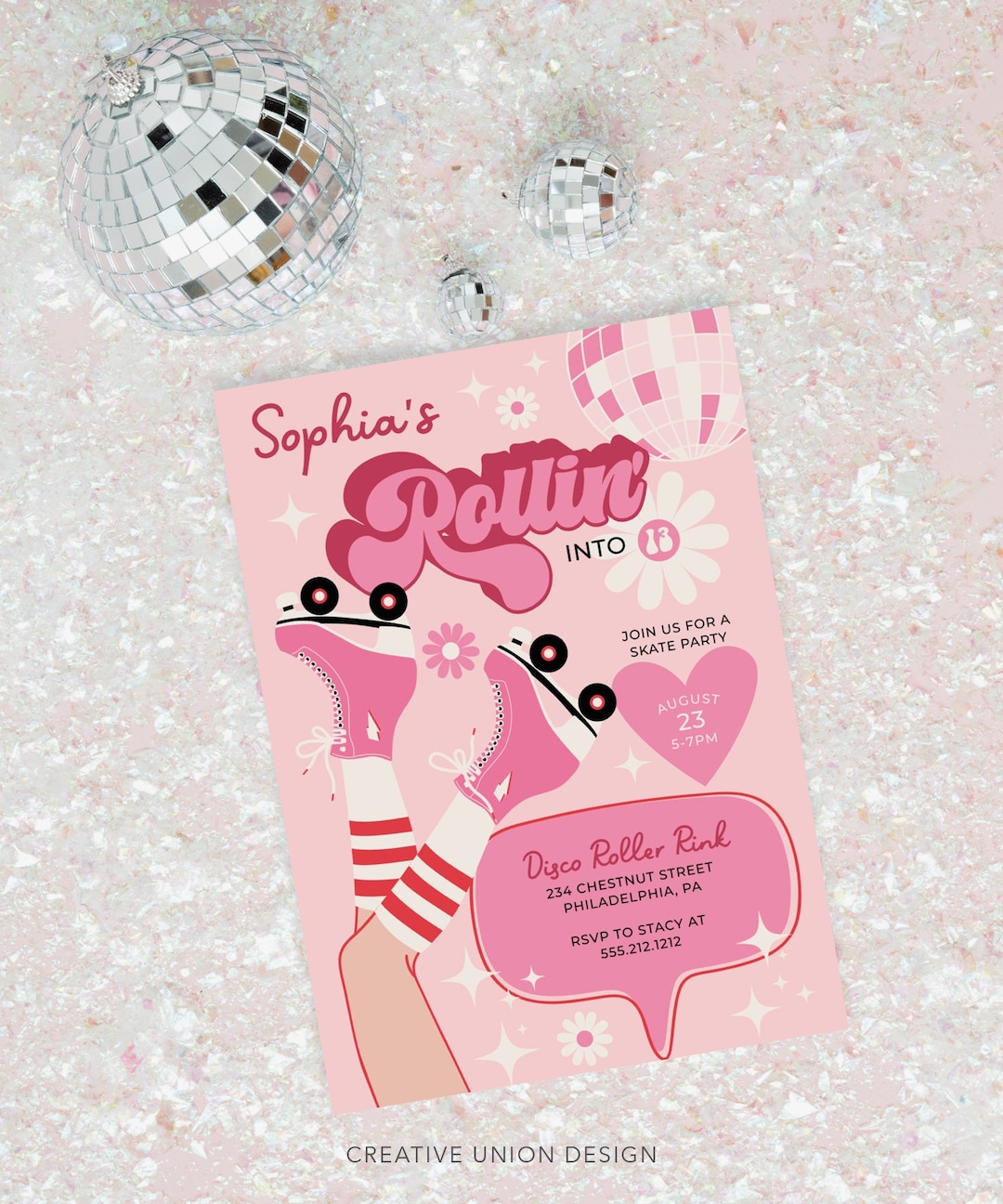 Roller Disco Skate Party Invitation Template, Pink Retro Roller Skating ...