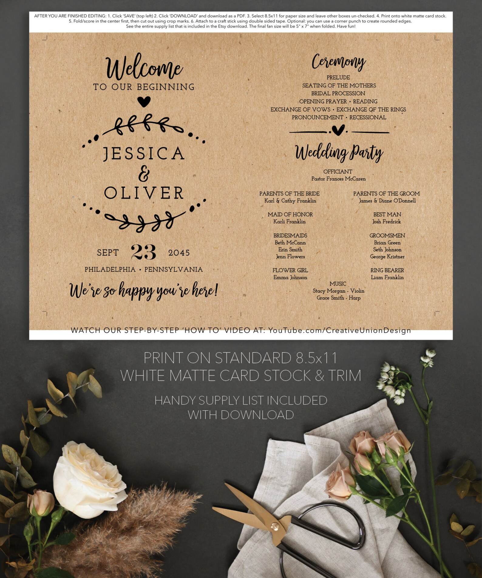 Rustic Wedding Program Fan Template, Printable Program Fans, Backyard ...
