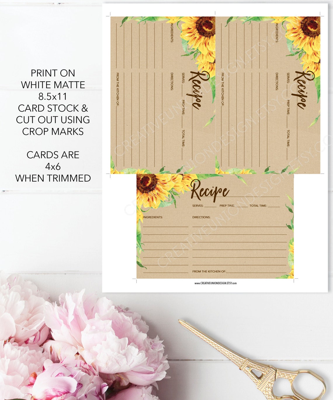 Sunflower Recipe Card Printable Printable Recipe Card - Etsy