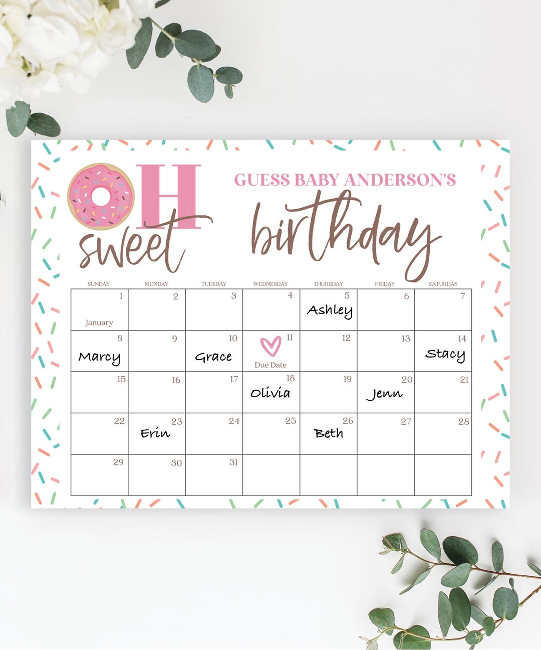Donut Baby Due Date Calendar Sign Template, Guess the Birthday, Baby ...
