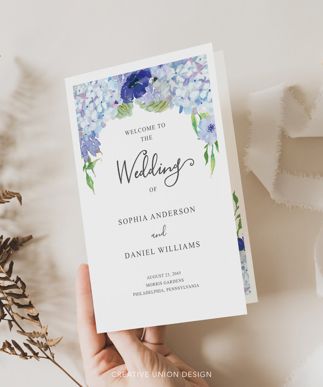 Hydrangea Folded Wedding Program Template, Printable Wedding Programs ...