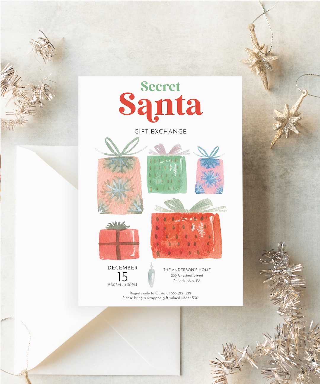 Retro Secret Santa Invite Template, Christmas Party Invitation, Holiday ...