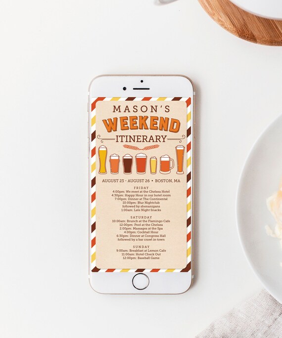 Guys Weekend Itinerary Template Beer Digital Schedule Birthday 