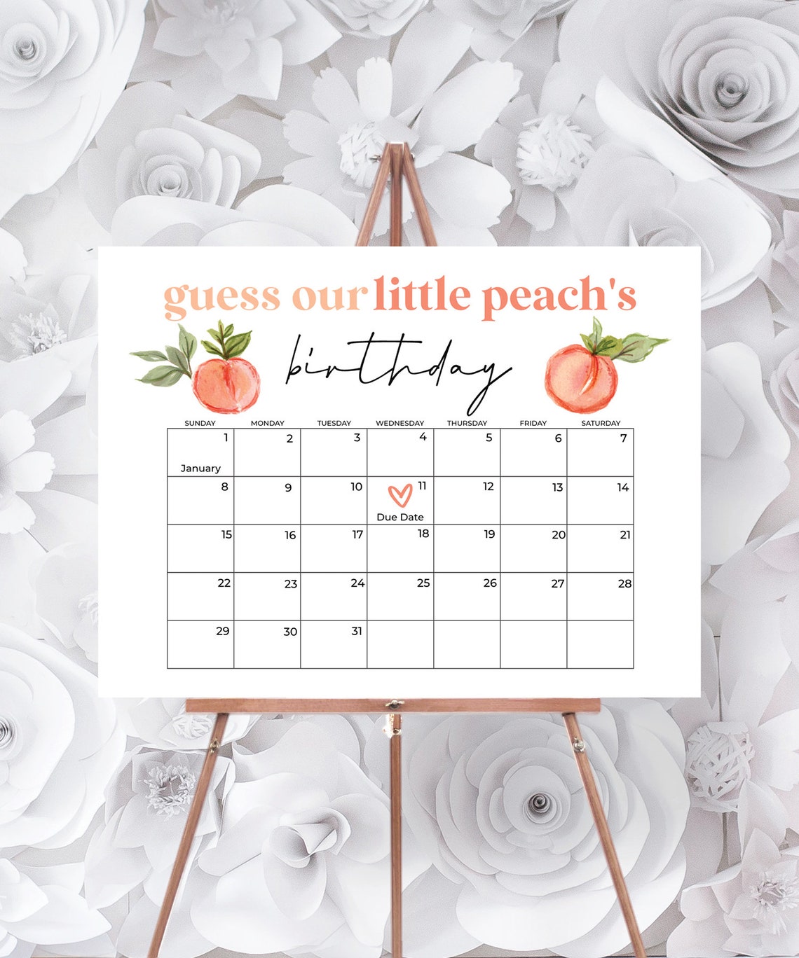 Peach Baby Due Date Calendar Sign Template, Guess the Birthday, Baby ...