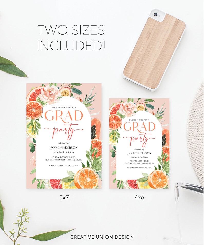 Tropical Citrus Graduation Party Invite Template, Lemon Grad Party ...