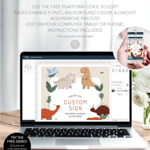 Editable Custom Sign Template Cute Dinosaur Sign Favors - Etsy