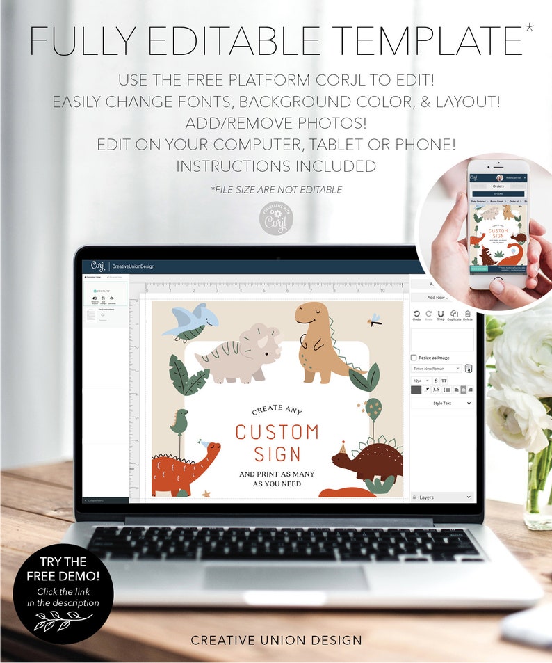Editable Custom Sign Template Cute Dinosaur Sign Favors - Etsy