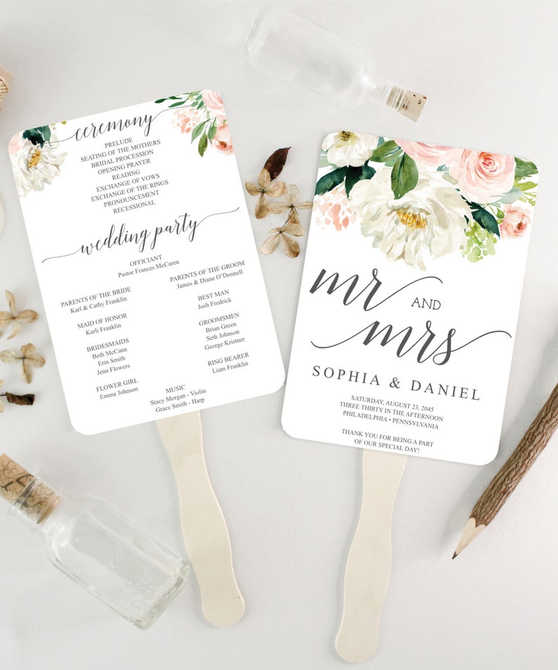 Floral Wedding Program Fan Printable Program Fan Template | Etsy