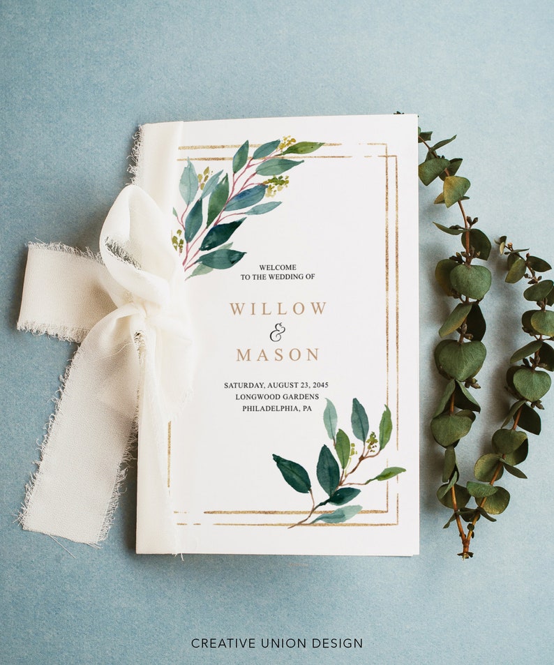 Folded Wedding Program Template Printable Greenery Wedding - Etsy