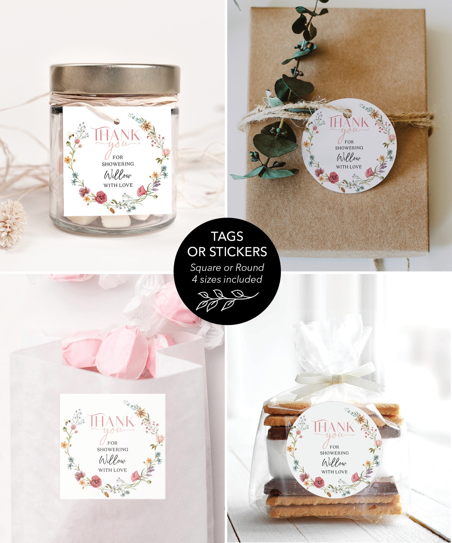 Wildflower Thank You Stickers Template, Favor Tags, Bridal Shower ...