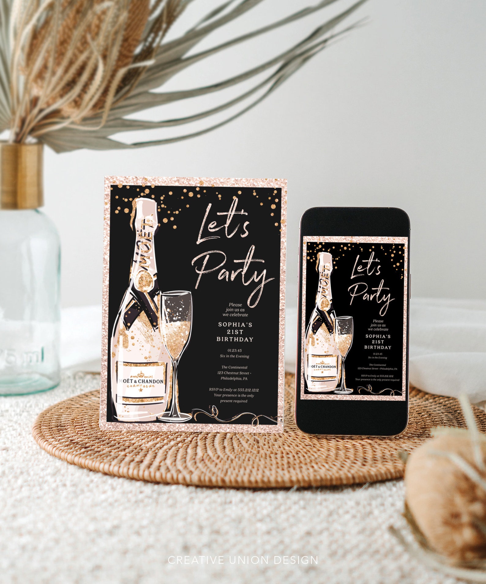 Rose Gold Champagne Birthday Invitation Template 21st - Etsy