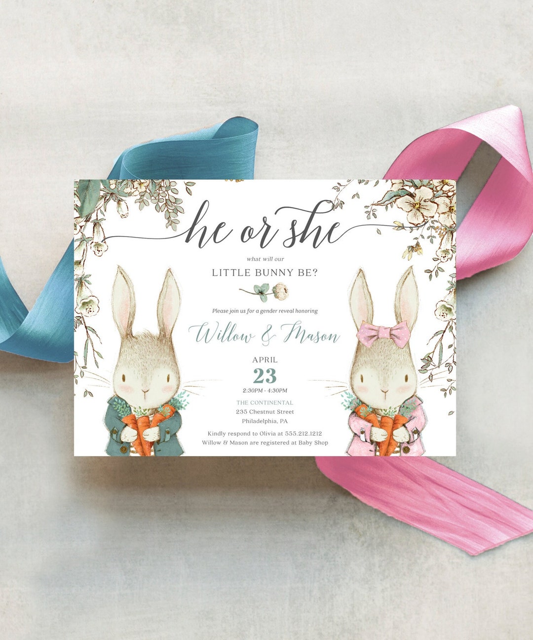 Vintage Rabbit Gender Reveal Invitation Template, Bunny Theme Gender ...