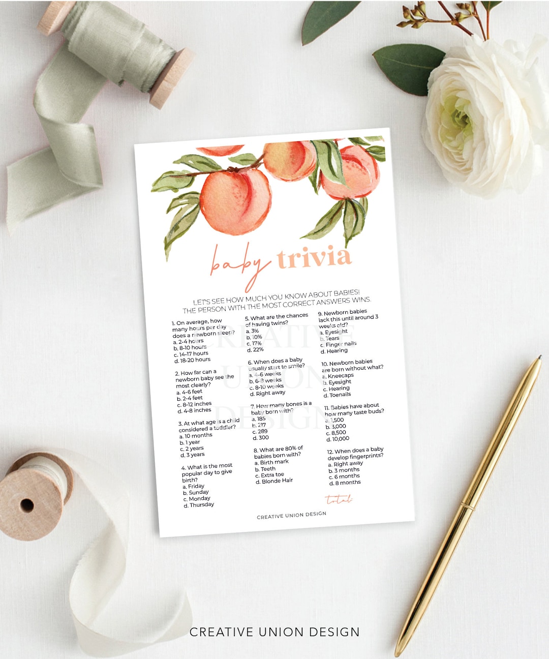 Sweet Peach Baby Shower Trivia Game, Baby Shower Game Printable, Trivia ...