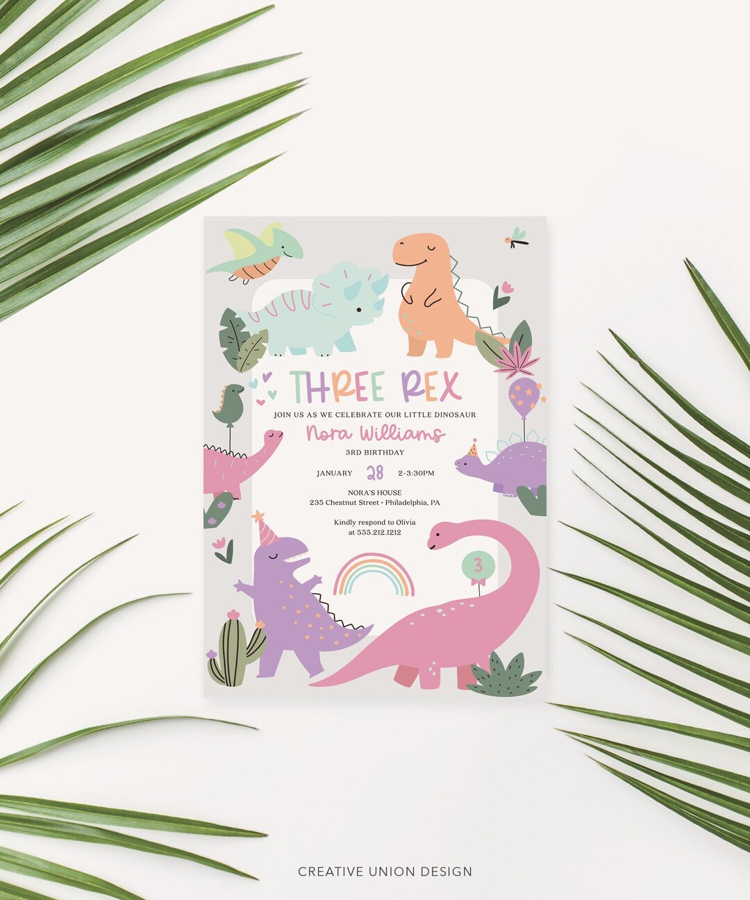 Girl Dinosaur Three Rex Birthday Party Invitation, Girl 1st Birthday ...