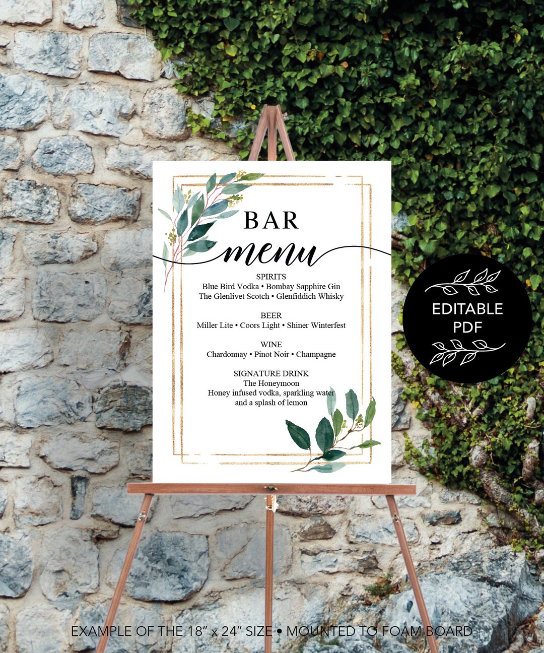Editable Bar Menu Sign - Greenery Signature Drink - Wedding Bar Sign ...