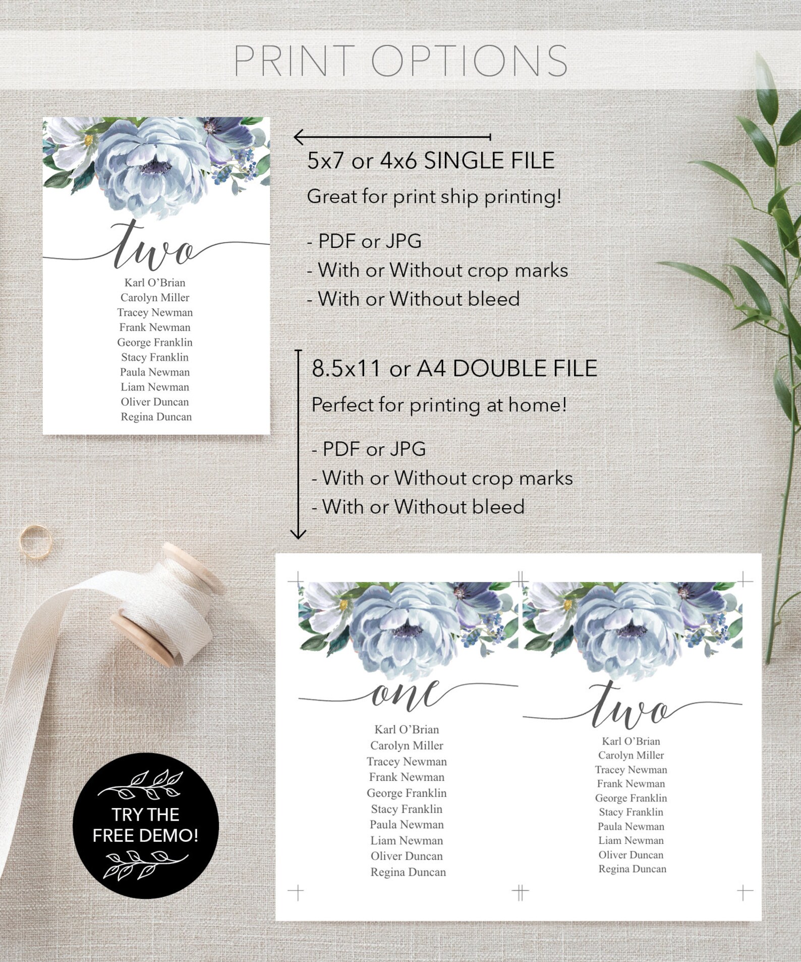 Dusty Blue Seating Chart Template, Printable Seating Cards, Table ...