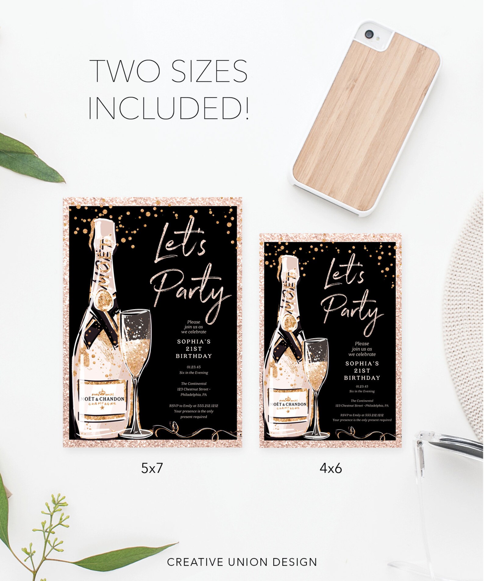 Rose Gold Champagne Birthday Invitation Template 21st - Etsy