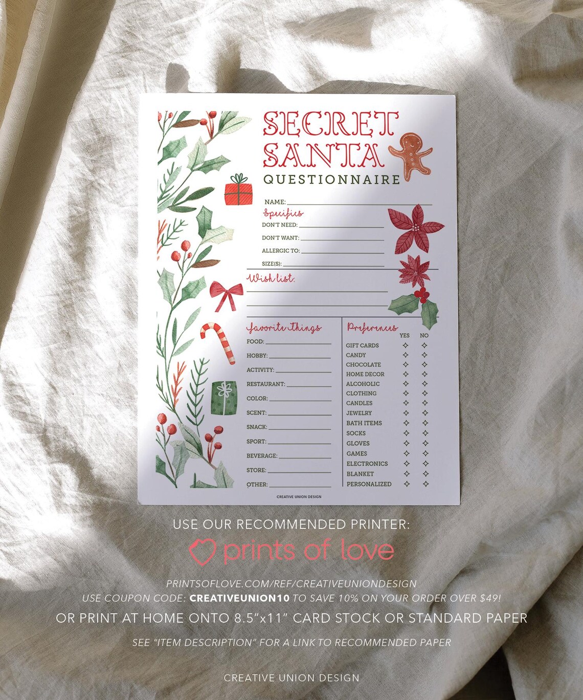 Printable Secret Santa Gift Exchange Questionnaire, Christmas Gift ...
