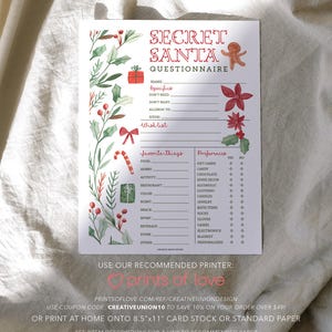 Printable Secret Santa Gift Exchange Questionnaire, Christmas Gift ...