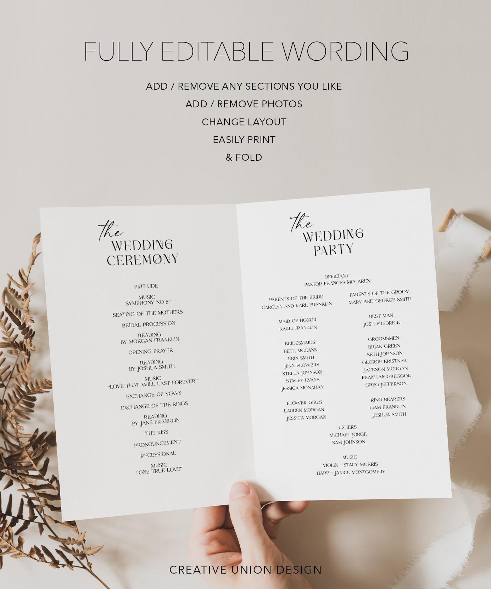 Modern Whimsy Folded Wedding Program Template, Printable Program ...