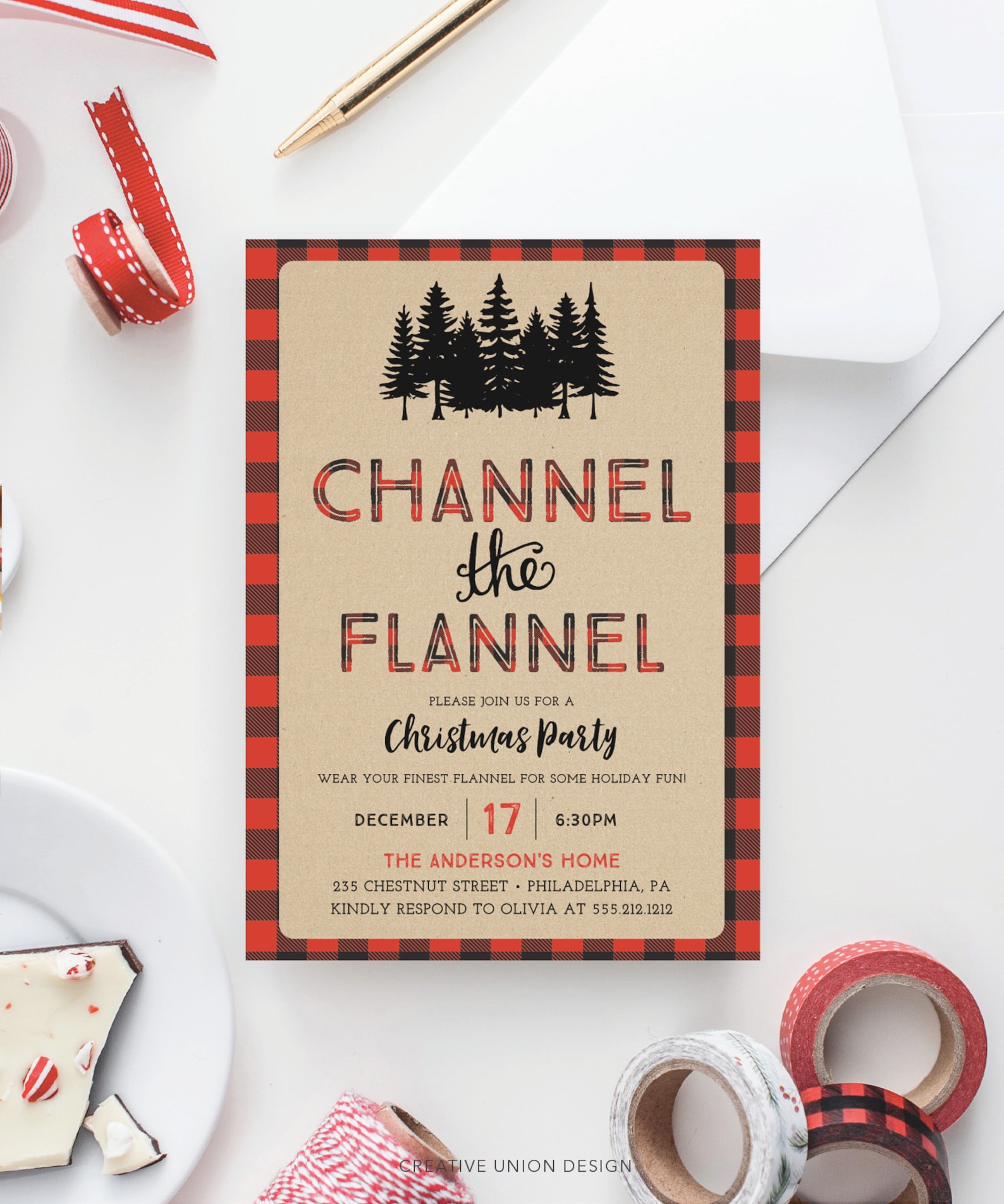 Channel the Flannel Christmas Party Invitation, Flannel Party Invite ...