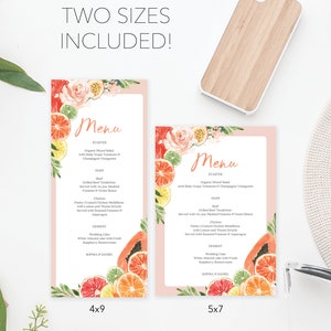 Tropical Citrus Menu Template, Printable Menu, Editable Menu, Bridal ...