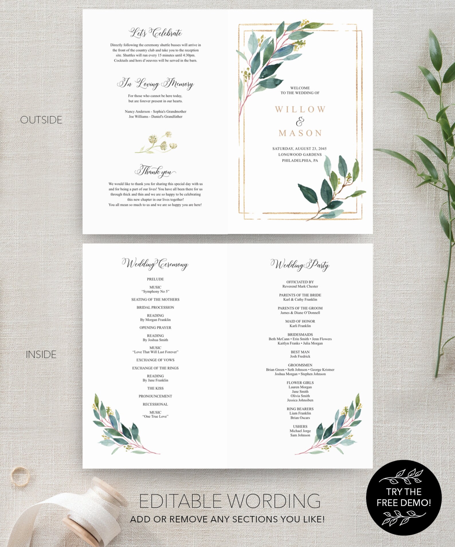 Folded Wedding Program Template Printable Greenery Wedding - Etsy