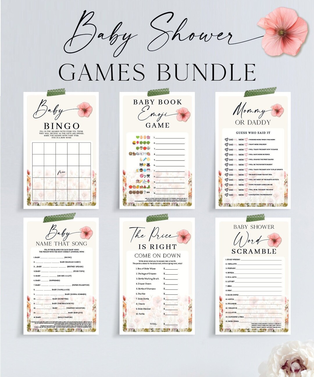 Wildflower Baby Shower Games Bundle, 6 Baby Shower Games Package ...