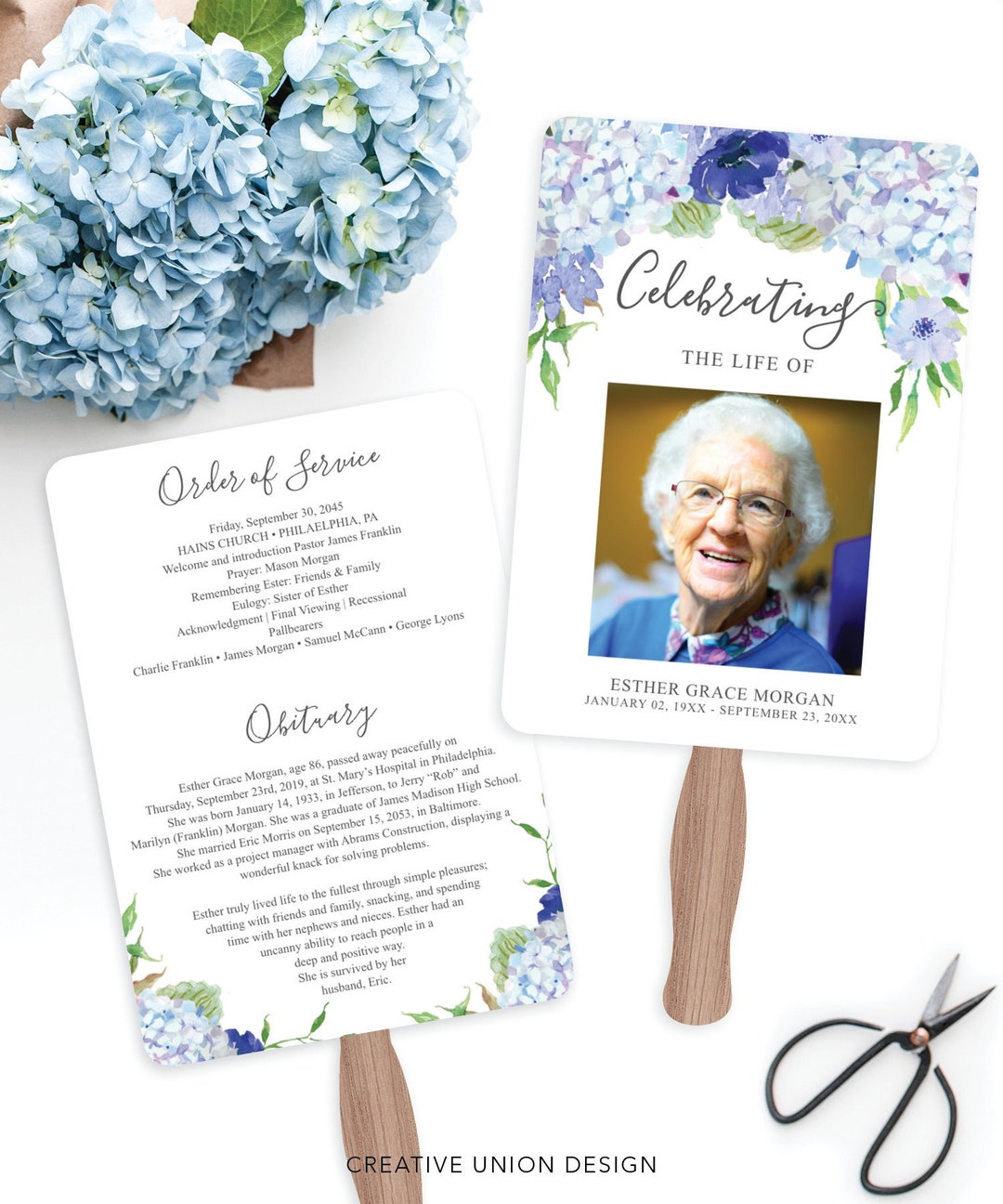 Hydrangea Funeral Fan Template, Funeral Fans, Printable Funeral Program ...