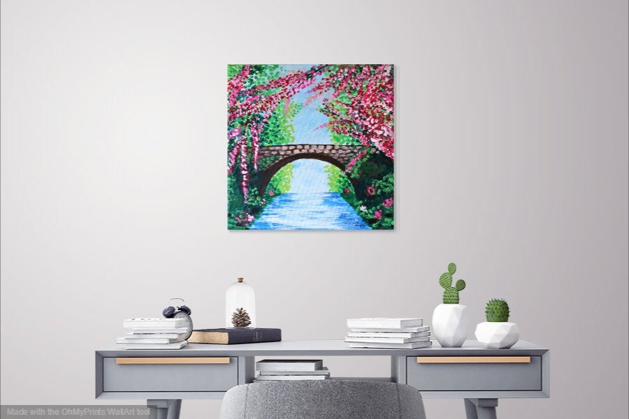 Colorful Spring blossoms bridge art wild flowers small canvas | Etsy