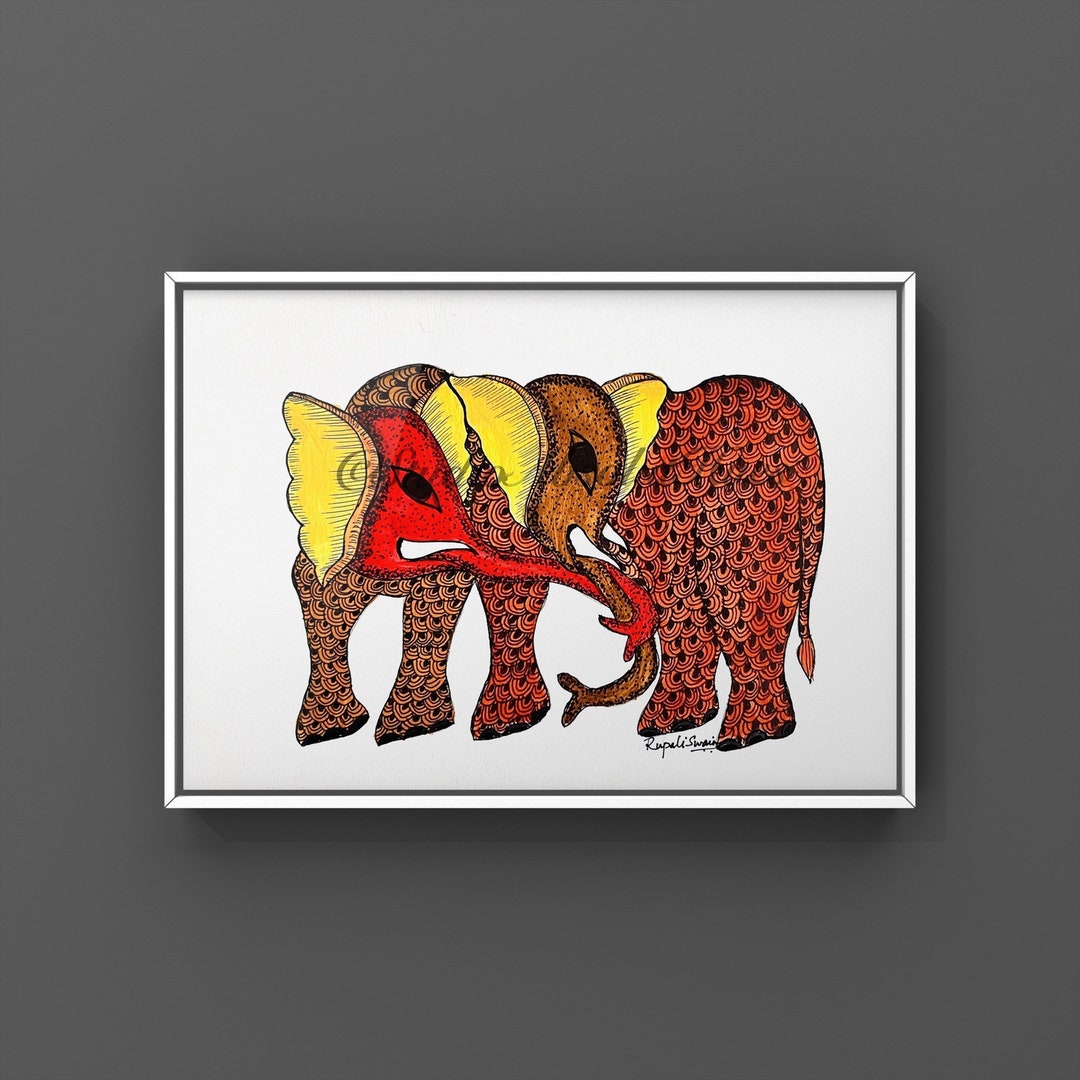 GOND ELEPHANT PAINTING: Indian Gond Art, Elephant Watercolor Folk ...
