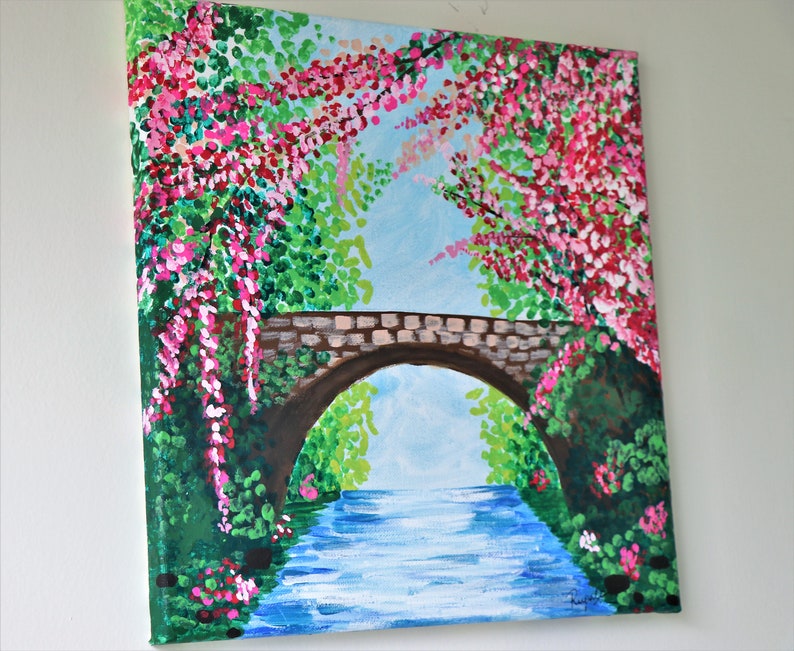 Spring Blossoms Bridge Art: Floral Acrylic Painting on Canvas - Etsy