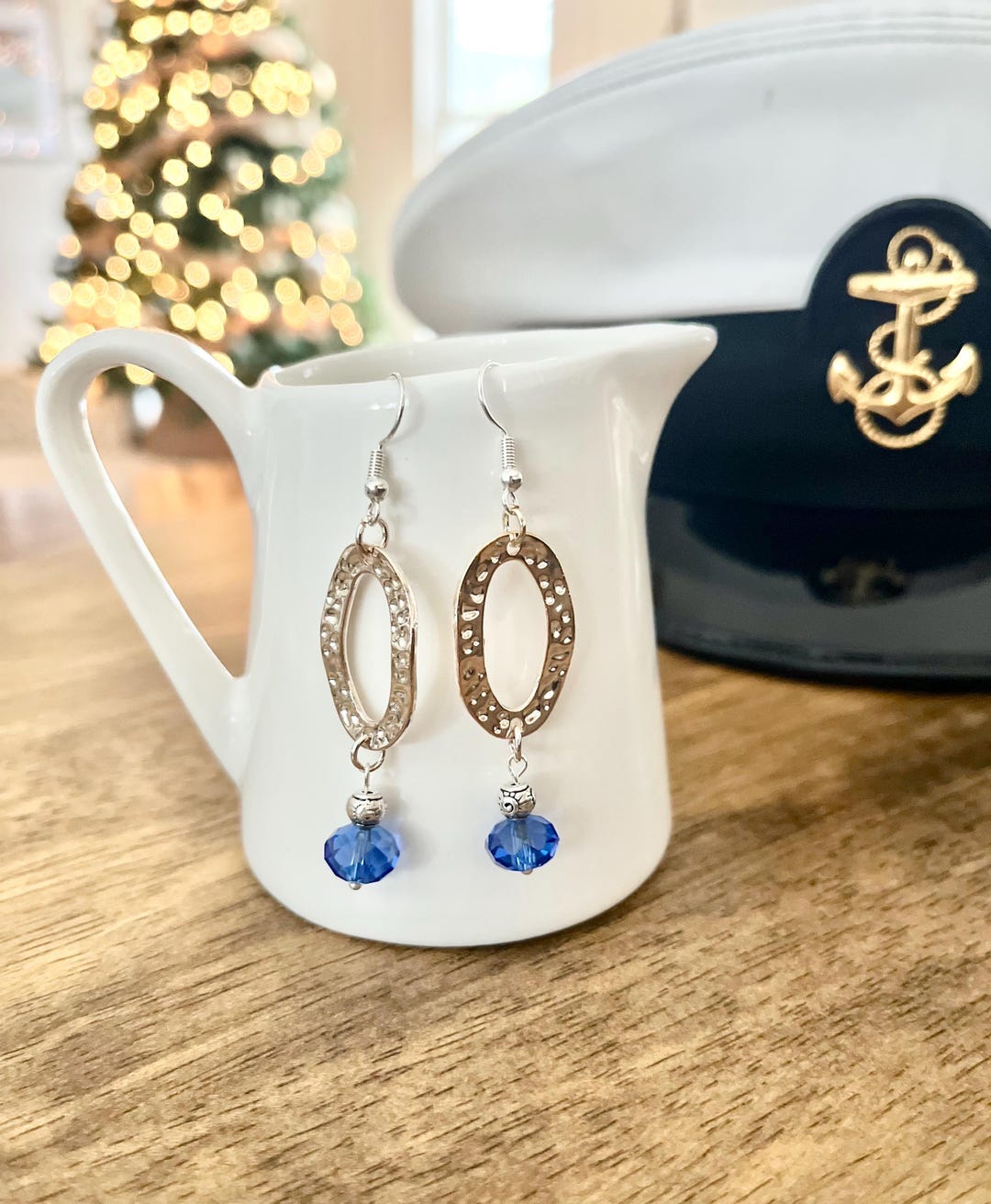 Hammered Texture Long Oval Silver & Navy Blue Bead Earrings, USNA, Navy ...