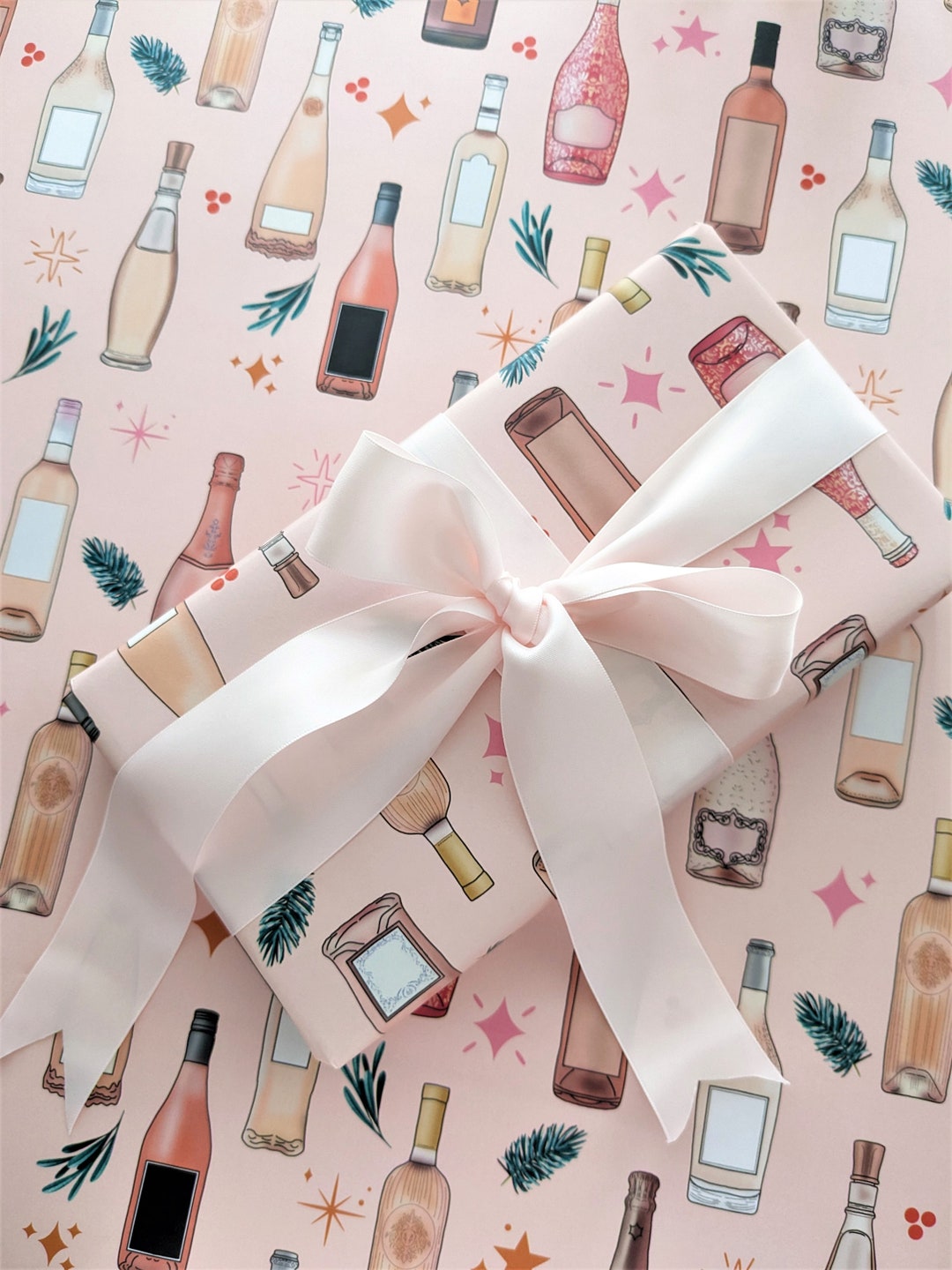 Pink Christmas Gift Wrapping Sheets, Wine Bottle Christmas Pattern ...