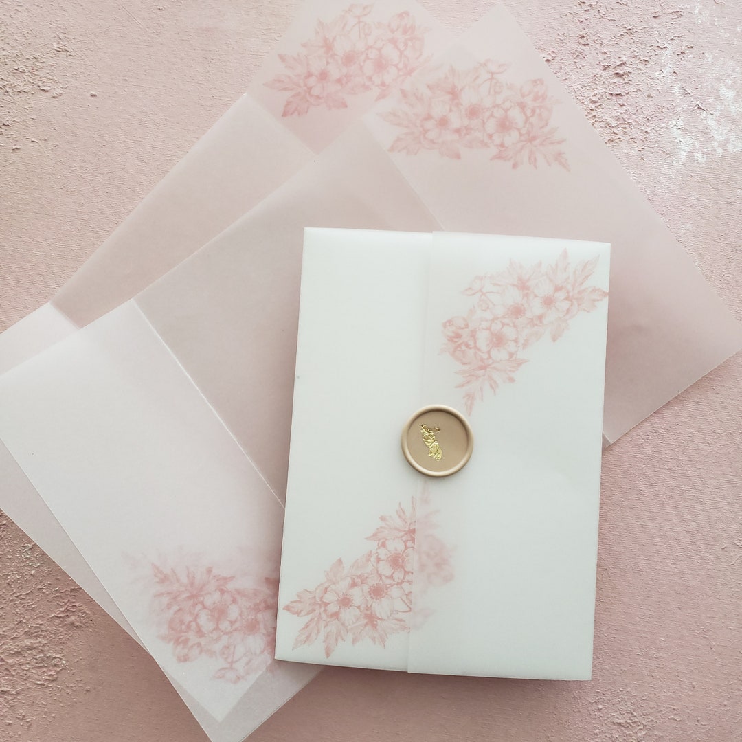 Clear Vellum Wrap, Vellum Jacket for Wedding Invites, Dusty Rose Floral ...