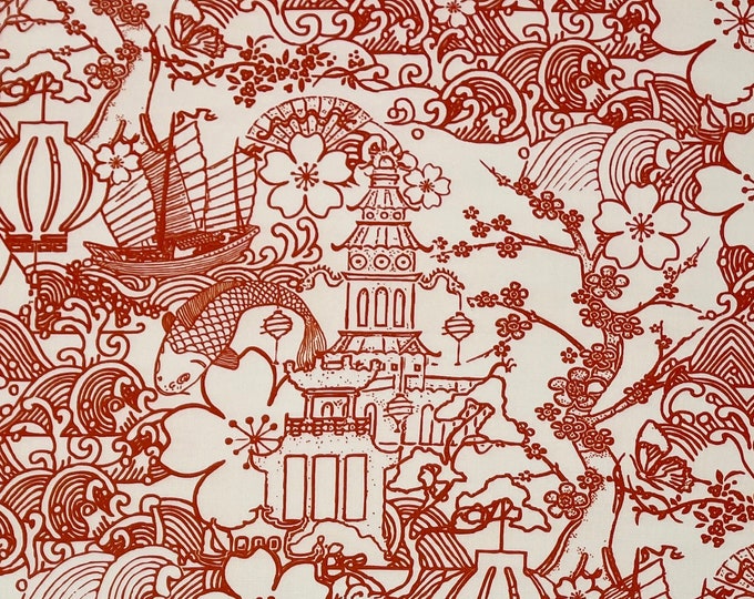 ASIAN TOILE PERSIMMON Red Ivory Chinoiserie Birds Asian Temple Fish ...