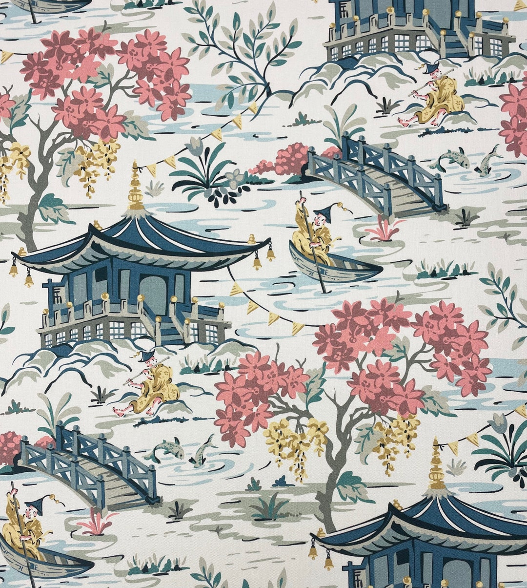 HAMILTON FABRICS TEAHOUSE Slate Asian Temple Boat Chinoiserie Toile ...