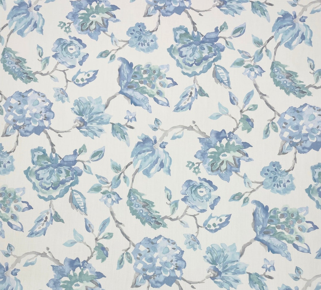 Ballard Designs SPRINGDALE BLUE Leaf Watercolor Floral Vine Drapery ...