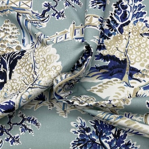 HAMILTON FABRICS MING Rain Spa Blue Asian Temple Chinoiserie Toile ...
