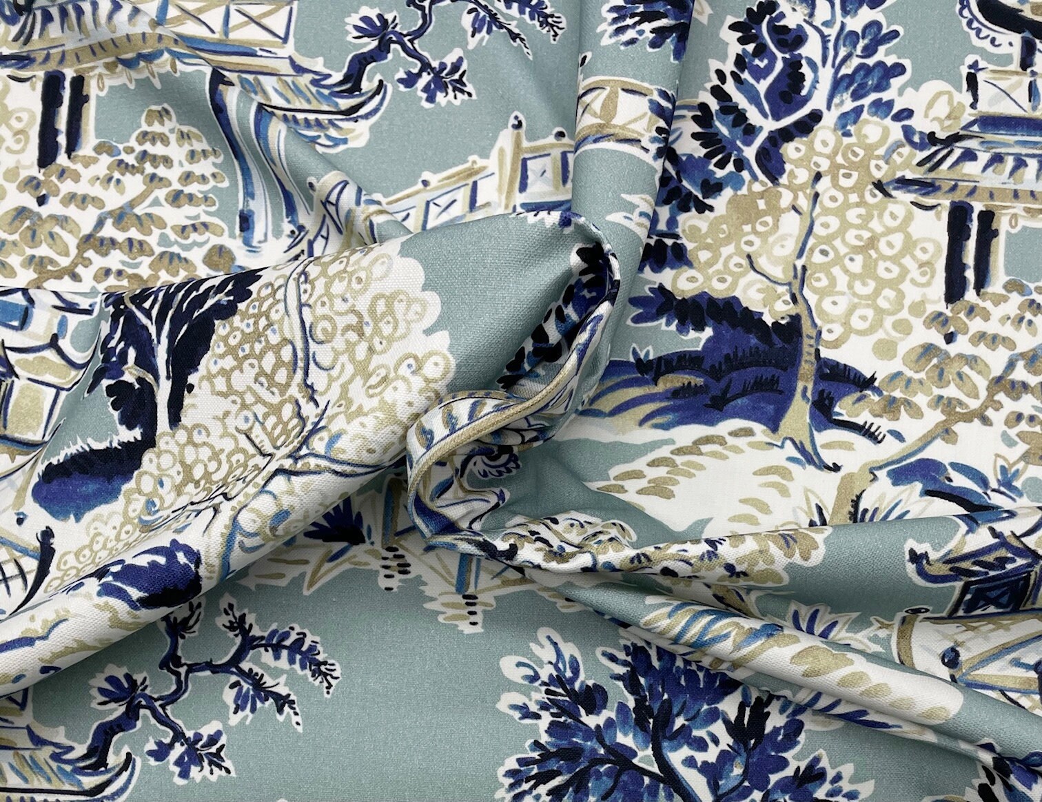 HAMILTON FABRICS MING Rain Spa Blue Asian Temple Chinoiserie Toile ...