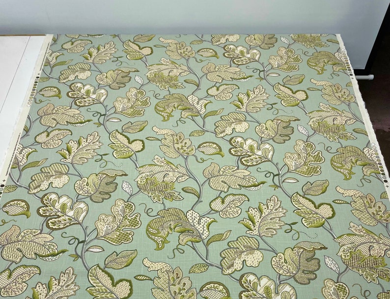 P Kaufmann LEAF SAMPLER CLOUD Blue Green Jacobean Leaves Vine Drapery Upholstery Pillow Cushion ...