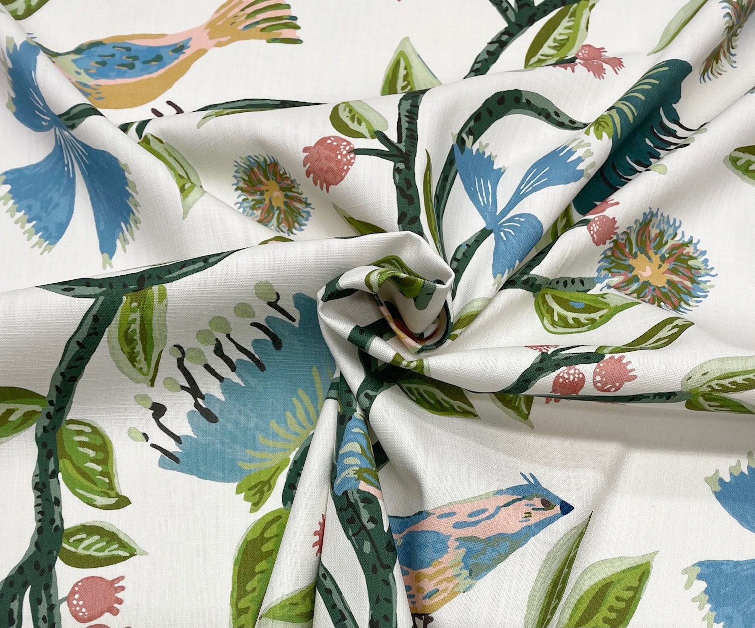 Ballard Designs LYLE GREEN Blue Song Birds Floral Vine Drapery Curtains ...