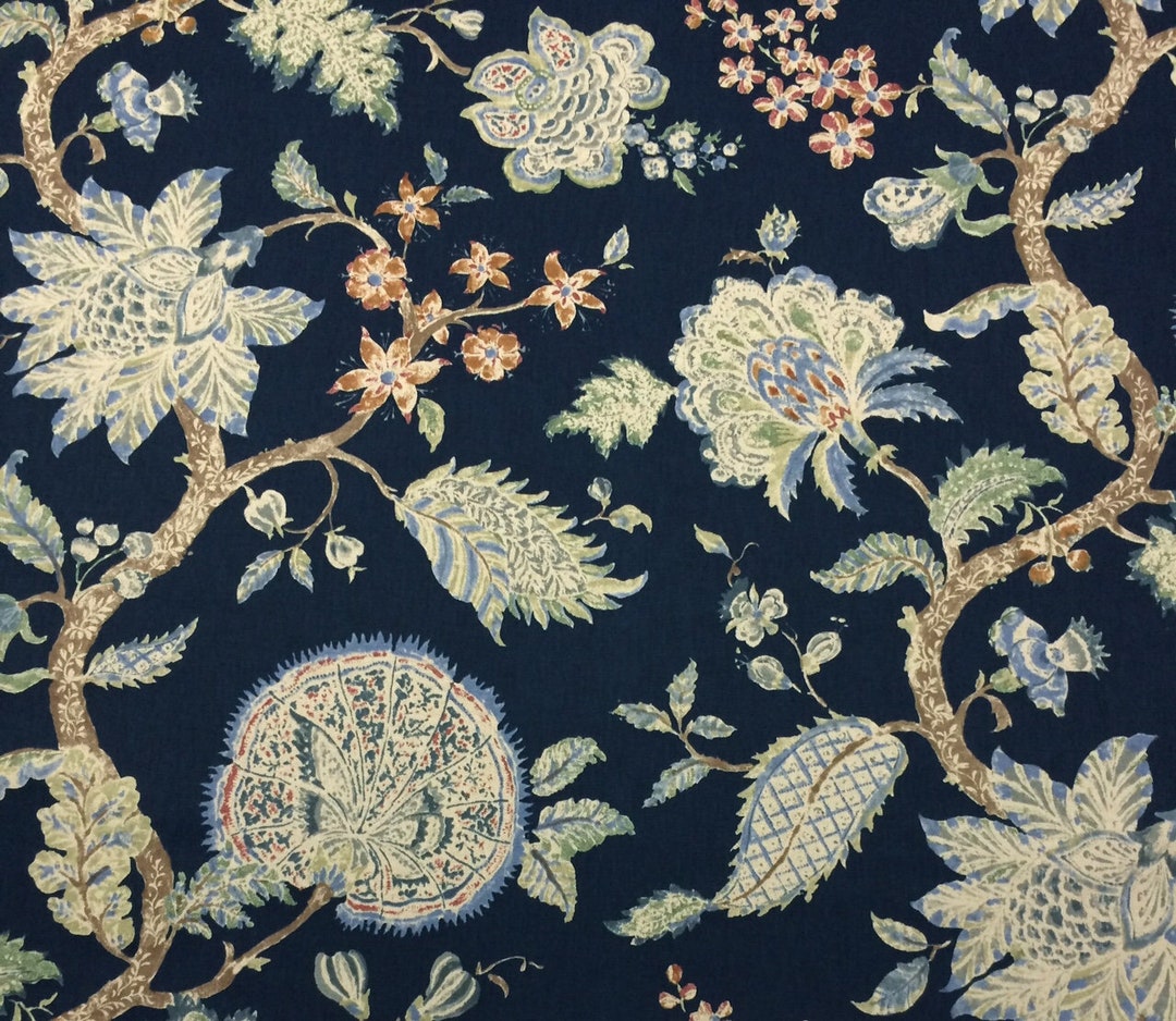 P Kaufmann GEM OF SKY Indigo Blue Jacobean Floral Vine Toile Upholstery ...