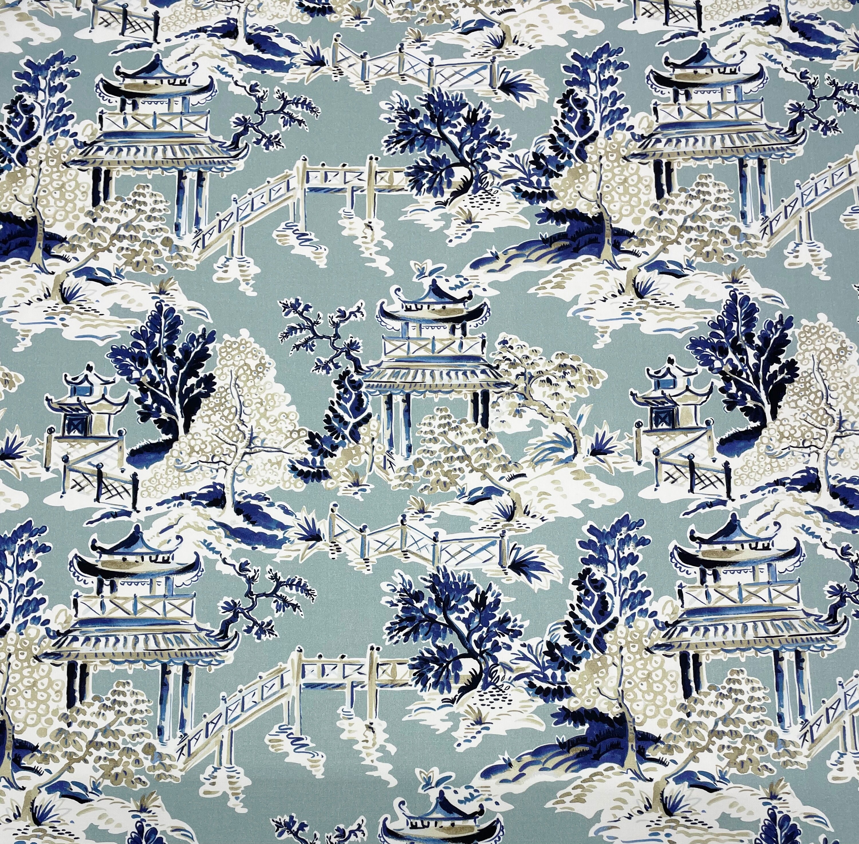 HAMILTON FABRICS MING Rain Spa Blue Asian Temple Chinoiserie Toile ...