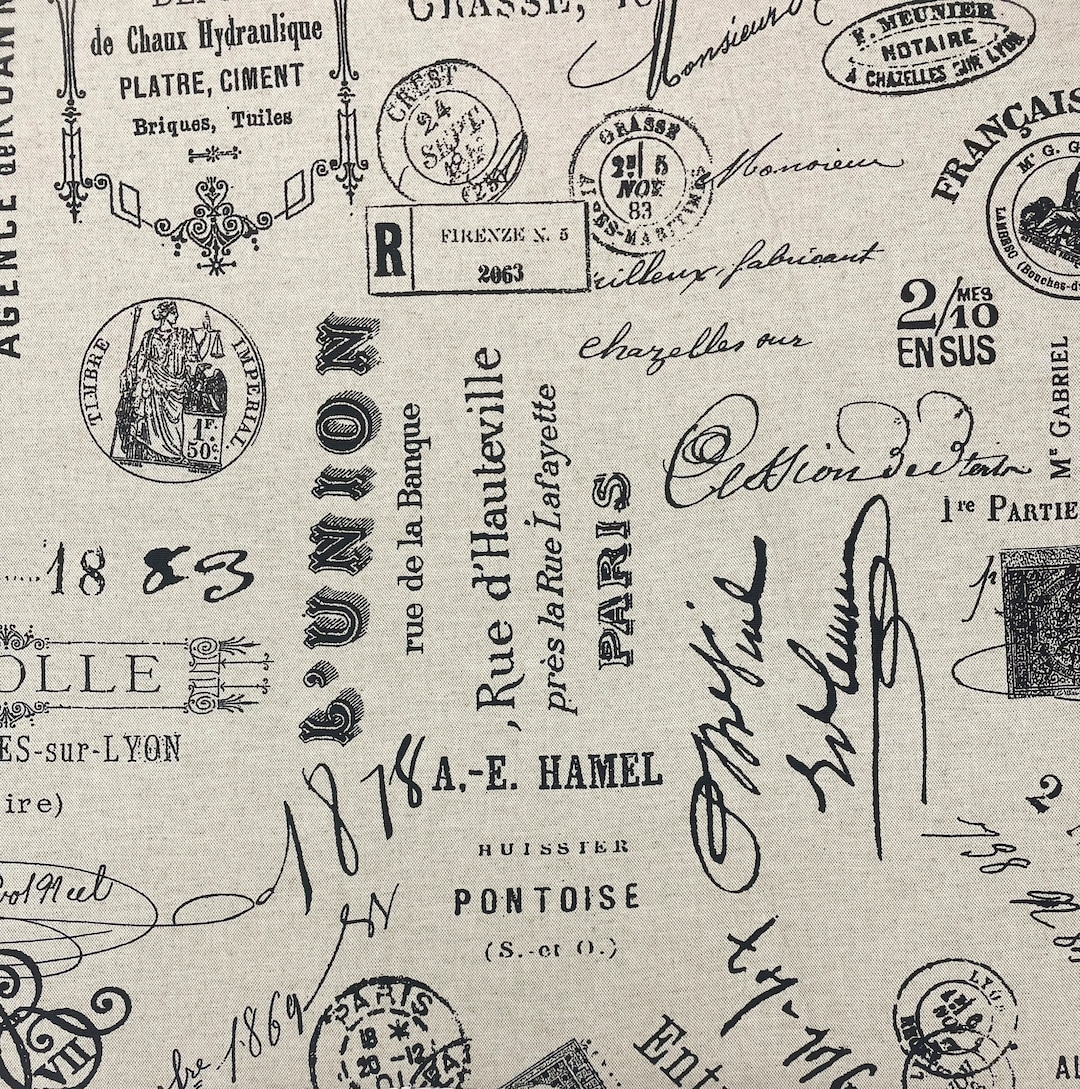 FRENCH SCRIPT BLACK Natural Paris France Postage Pillow Craft Drapery ...